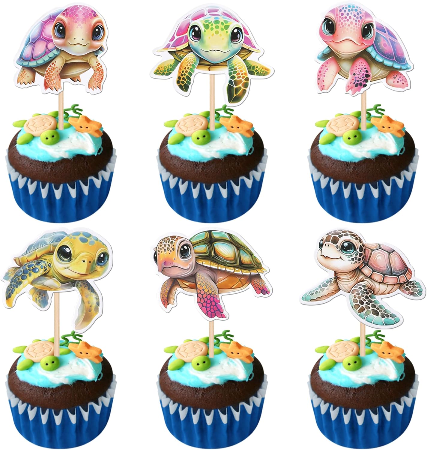 36 Pack Sea Turtle Cupcake Toppers Double Sided Marine Organism Turtle ...