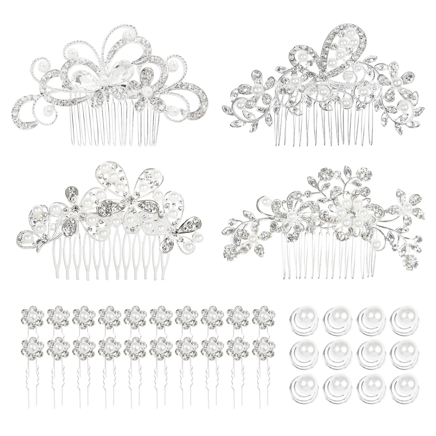 36 Pack Sparkly Silver Rhinestone Pearl Flower Butterfly Bridal Hair ...