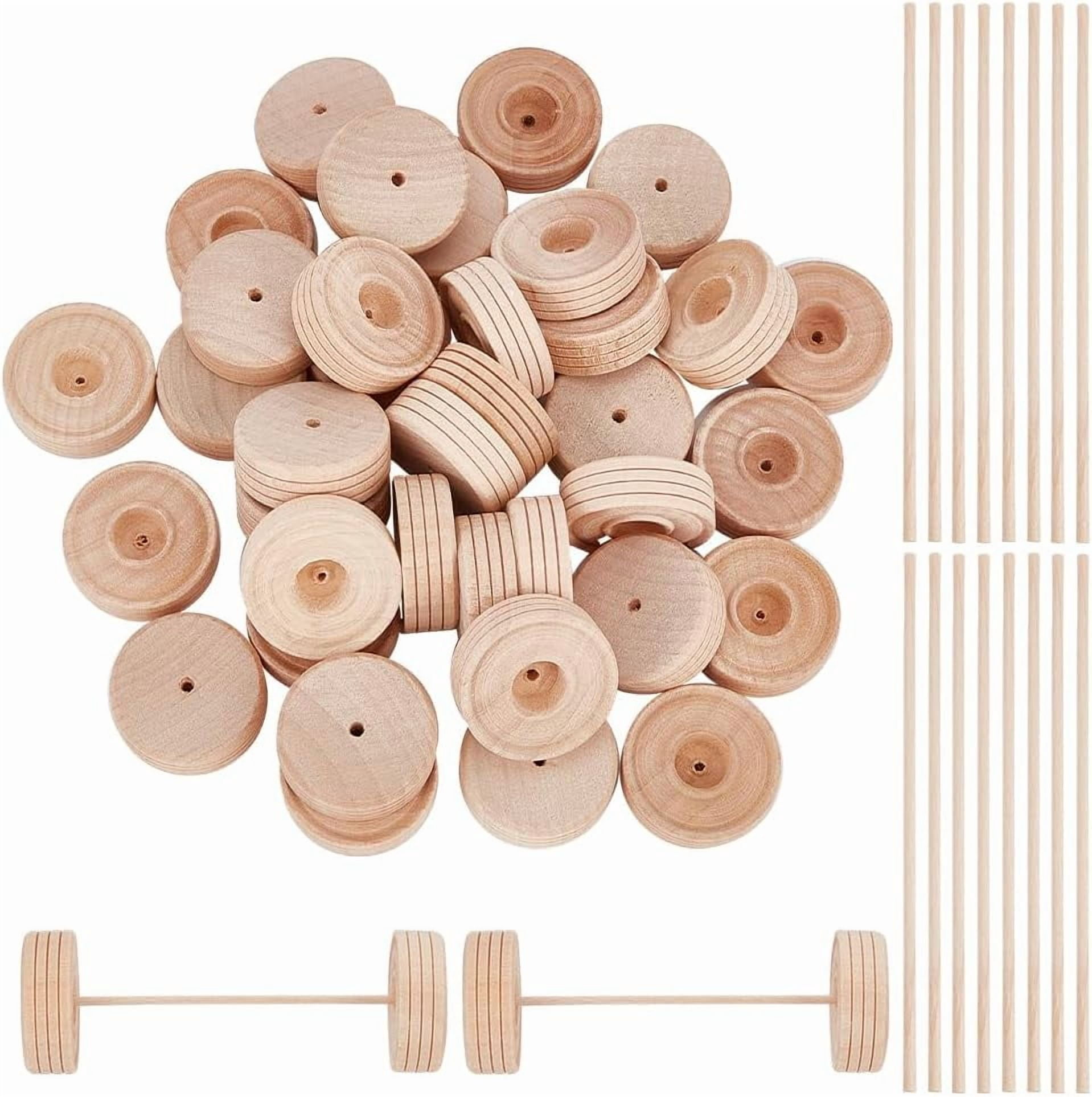 36 Pack Wood Craft Wheels with 18Pcs Wood Sticks Slab Mini Wooden Wheel ...
