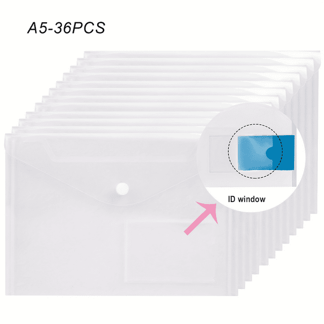 36 Pack A5 size Plastic Pocket Plastic Wallets with Popper Holder Clear ...