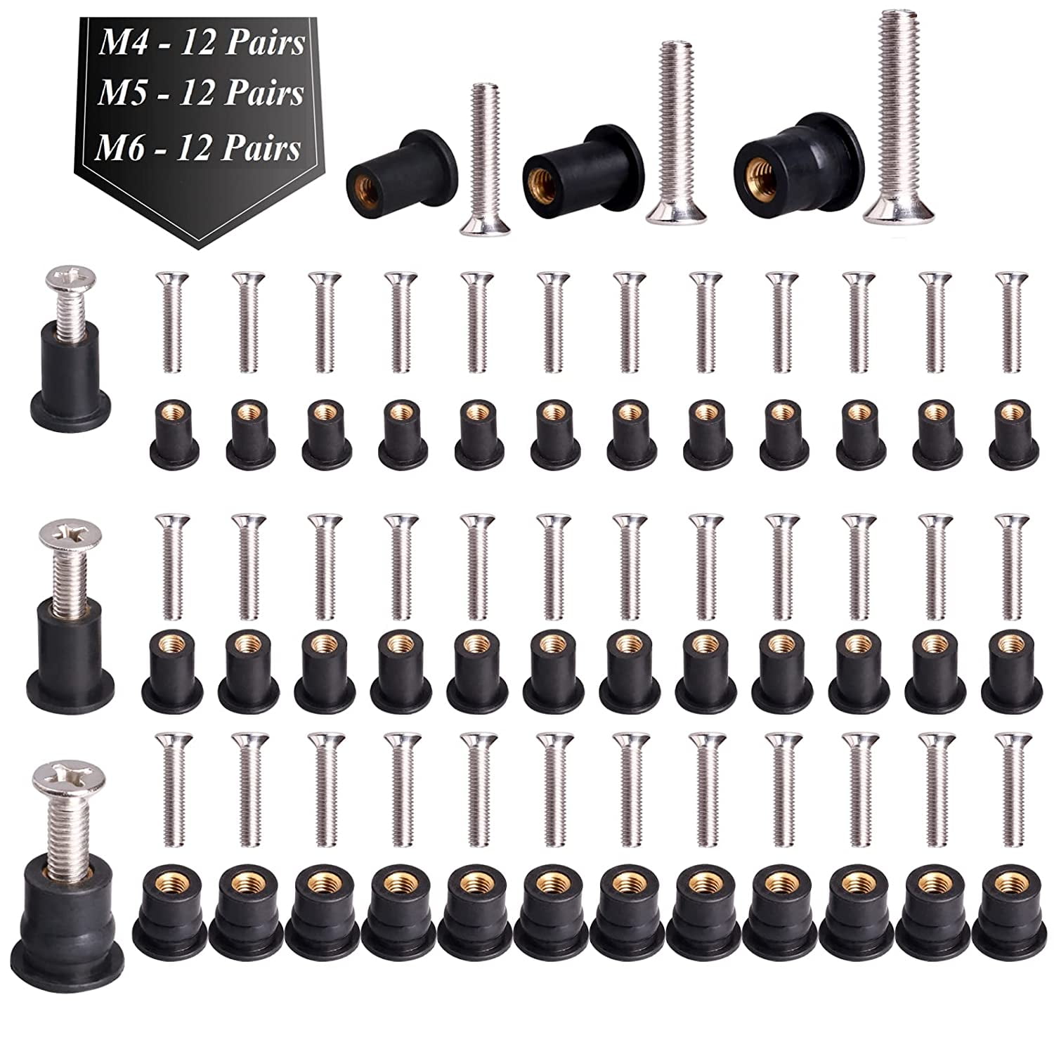 36 Pairs M4 M5 M6 Neoprene Well Nuts with Stainless Steel Screw M5 ...