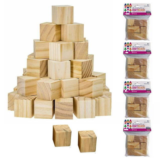 36 Pc Craft Blocks Natural Wooden Cubes Unfinished Hardwood Square Wood ...