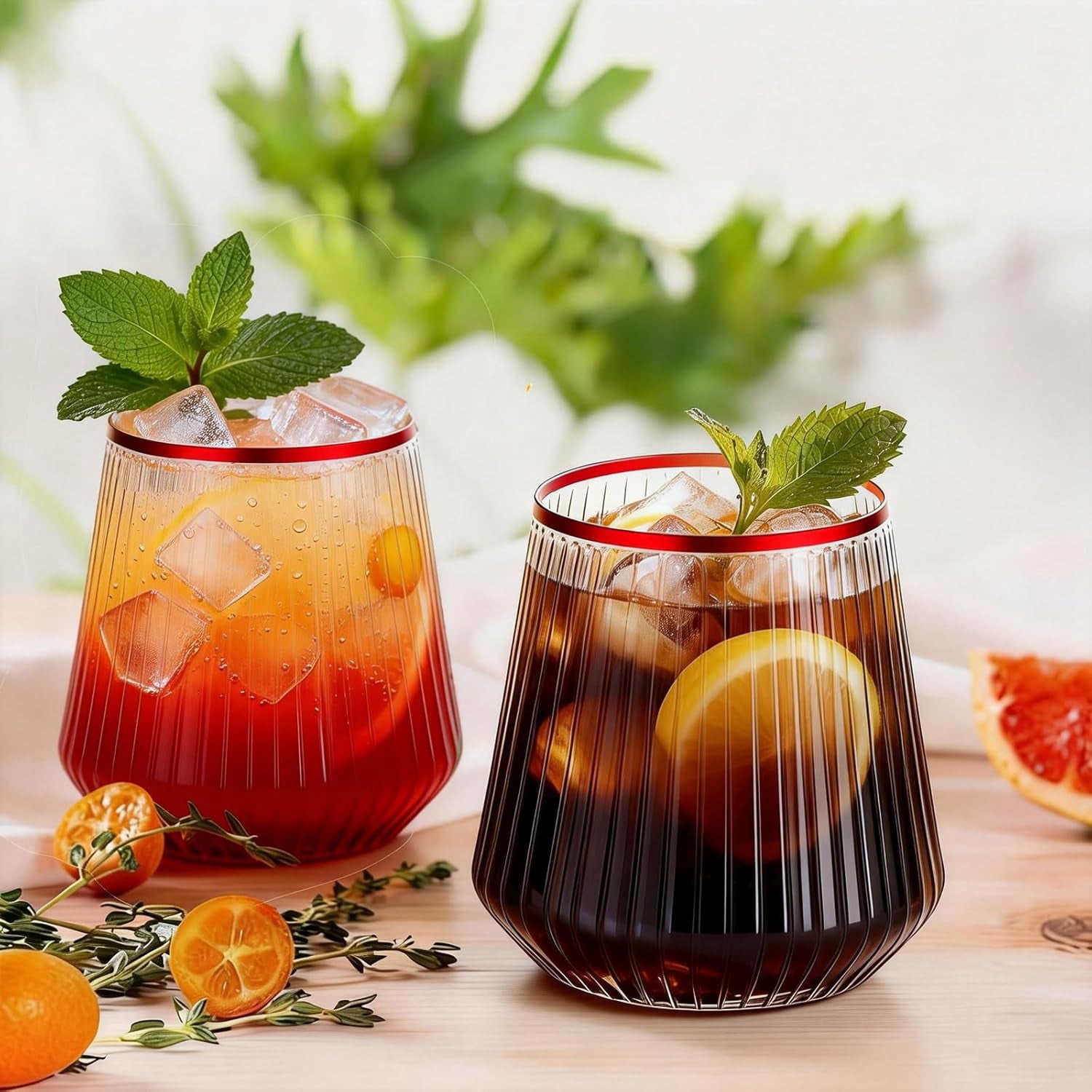 36 Pcs 12 oz Clear Plastic Red Rim Ribbed Disposable Wine Glasses ...