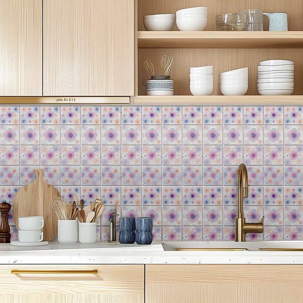 36 Pcs 4 Style Wall Stickers Pastel Flowers Peel and Stick Wall Tile ...