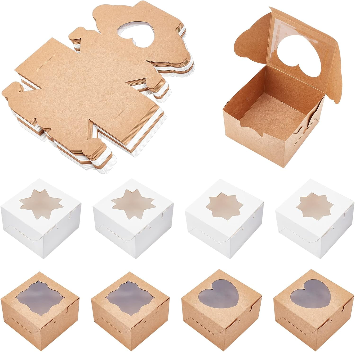 36 Pcs 4 Styles Square Kraft Paper Boxes with Window Bakery Candy Boxes ...