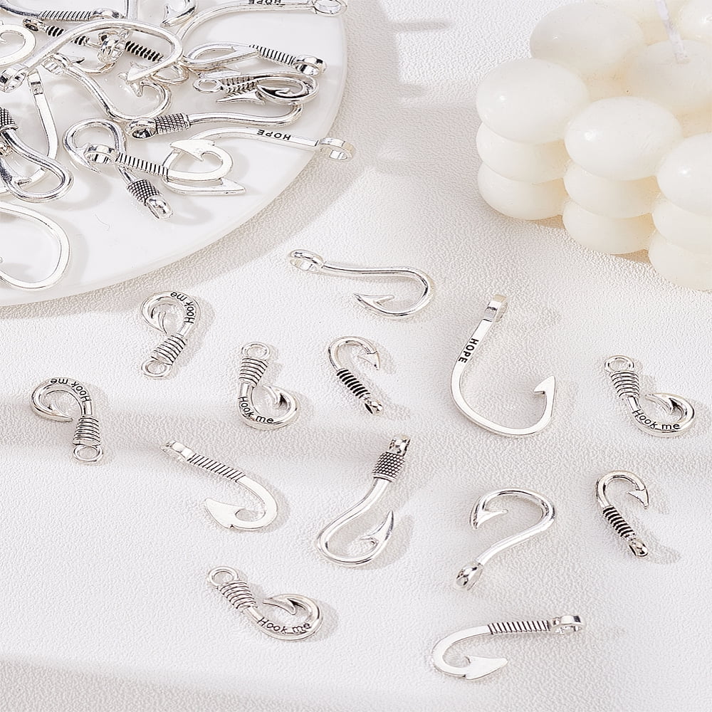 36 Pcs 6 Styles Tibetan Style Alloy Fish Hook Charms Fish Hook Fishing ...