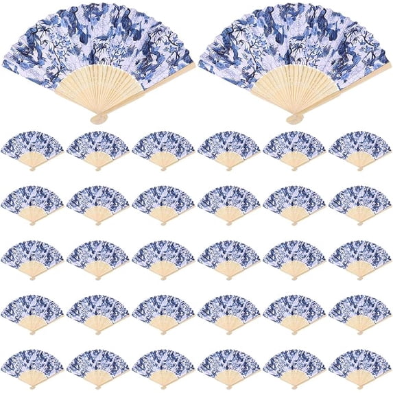 36 Pcs 8 Inch Chinoiserie Printed Paper Hand Fan Blue and White ...