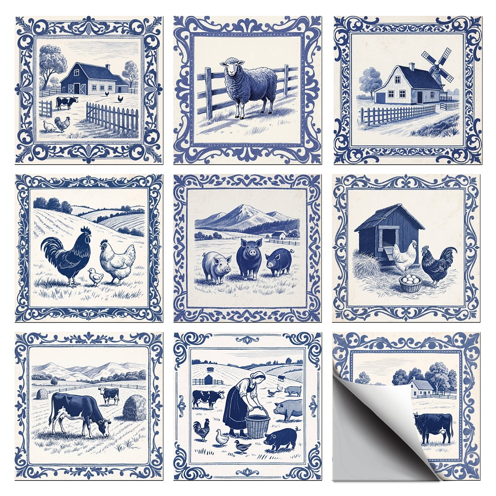 36 Pcs 9 Styles Vintage Farm Animals Patten Tile Sticker Wall Tile ...