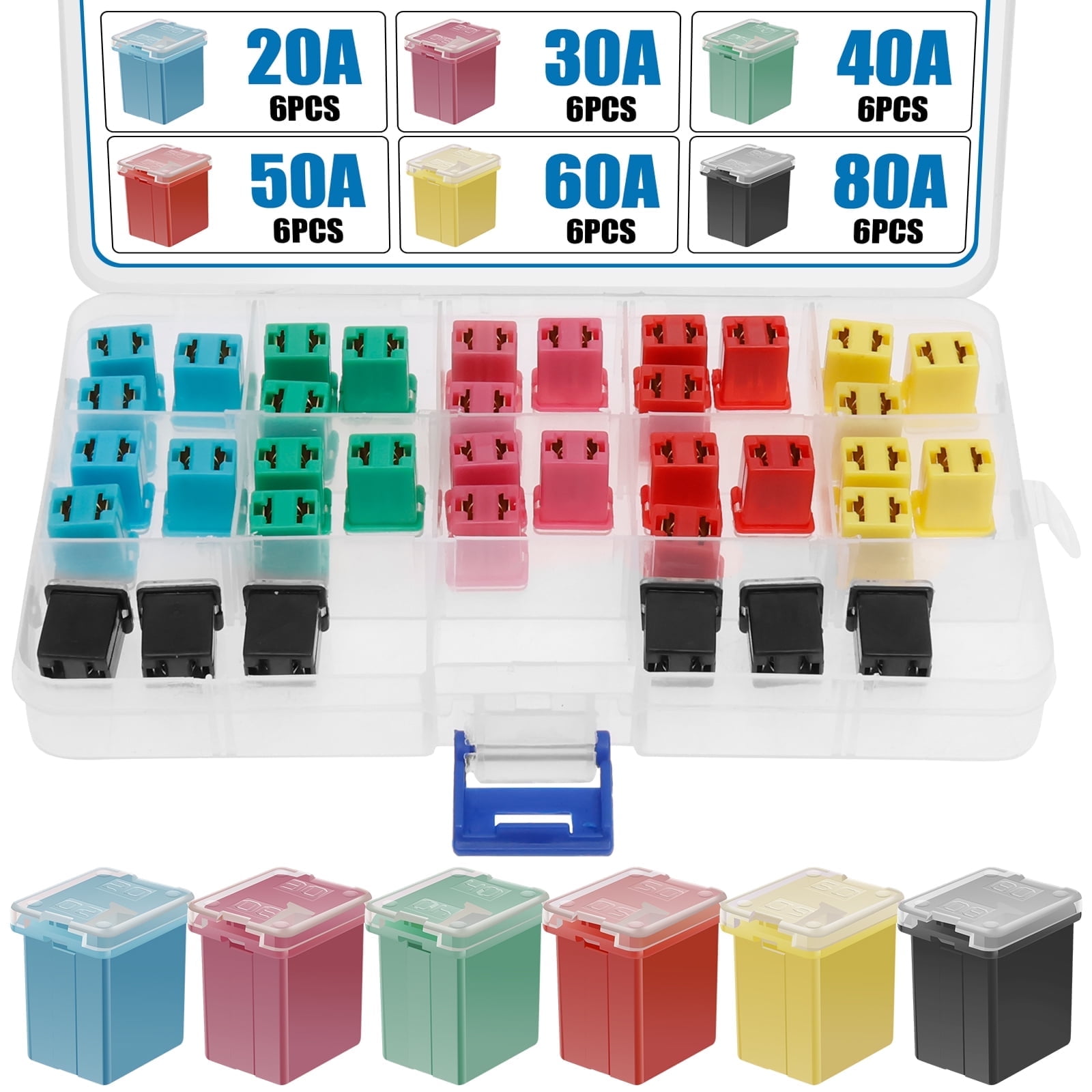 TMWEFUSC 36 Pcs Car Fuse Assortment Kit Copper & Plastic 20-80A with ...