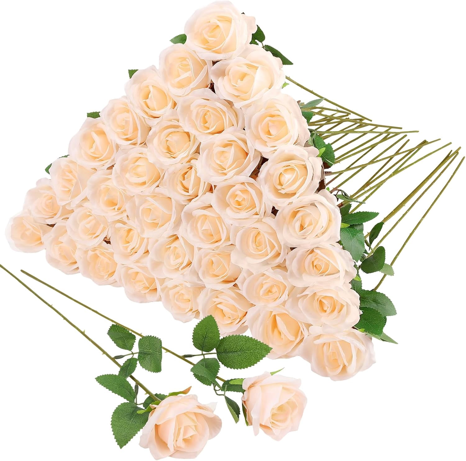 36 Pcs Champagne Artificial Roses with Long Stems, Fake Silk Rose ...