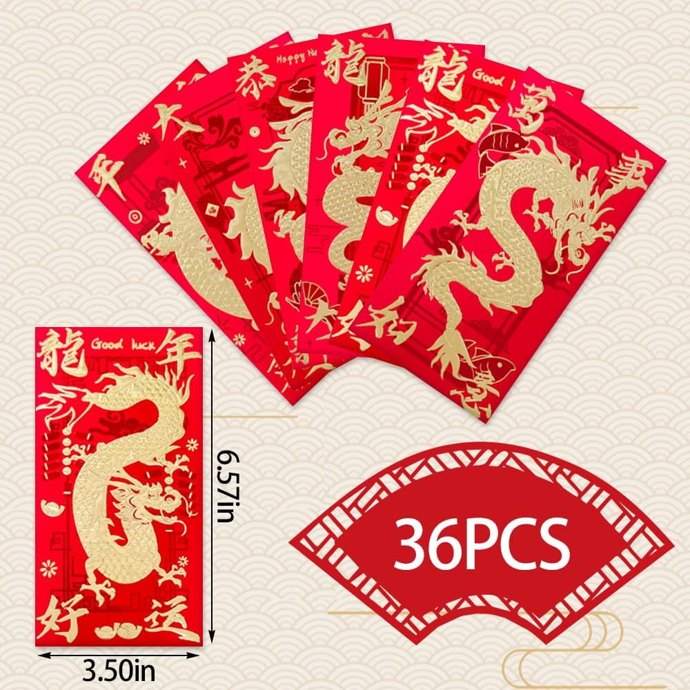 36 Pcs Chinese Red Envelopes Chinese Hongbao Card Envelopes 2024