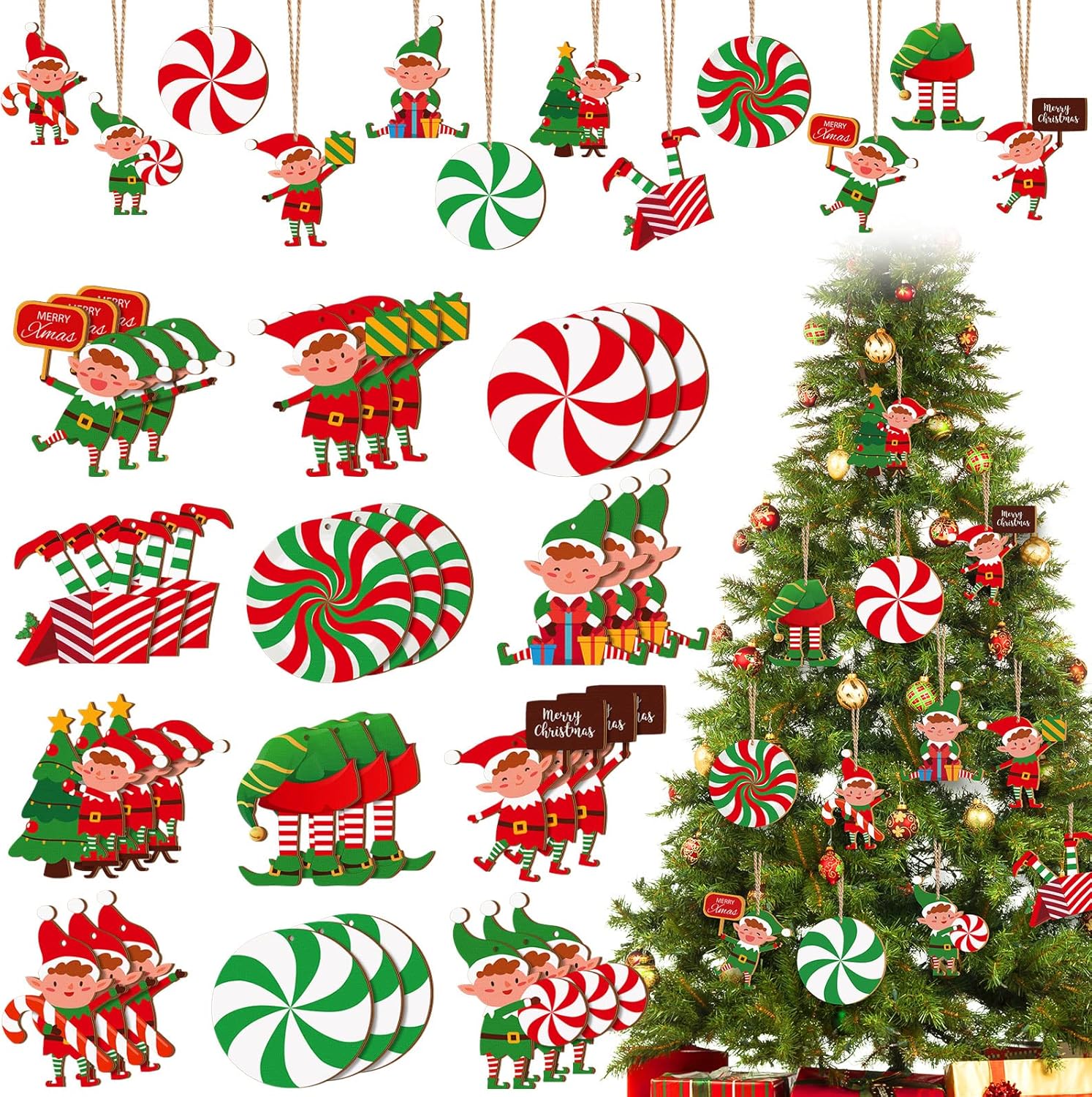 36 Pcs Elf Christmas Tree Ornaments Set Wooden Candy Christmas ...