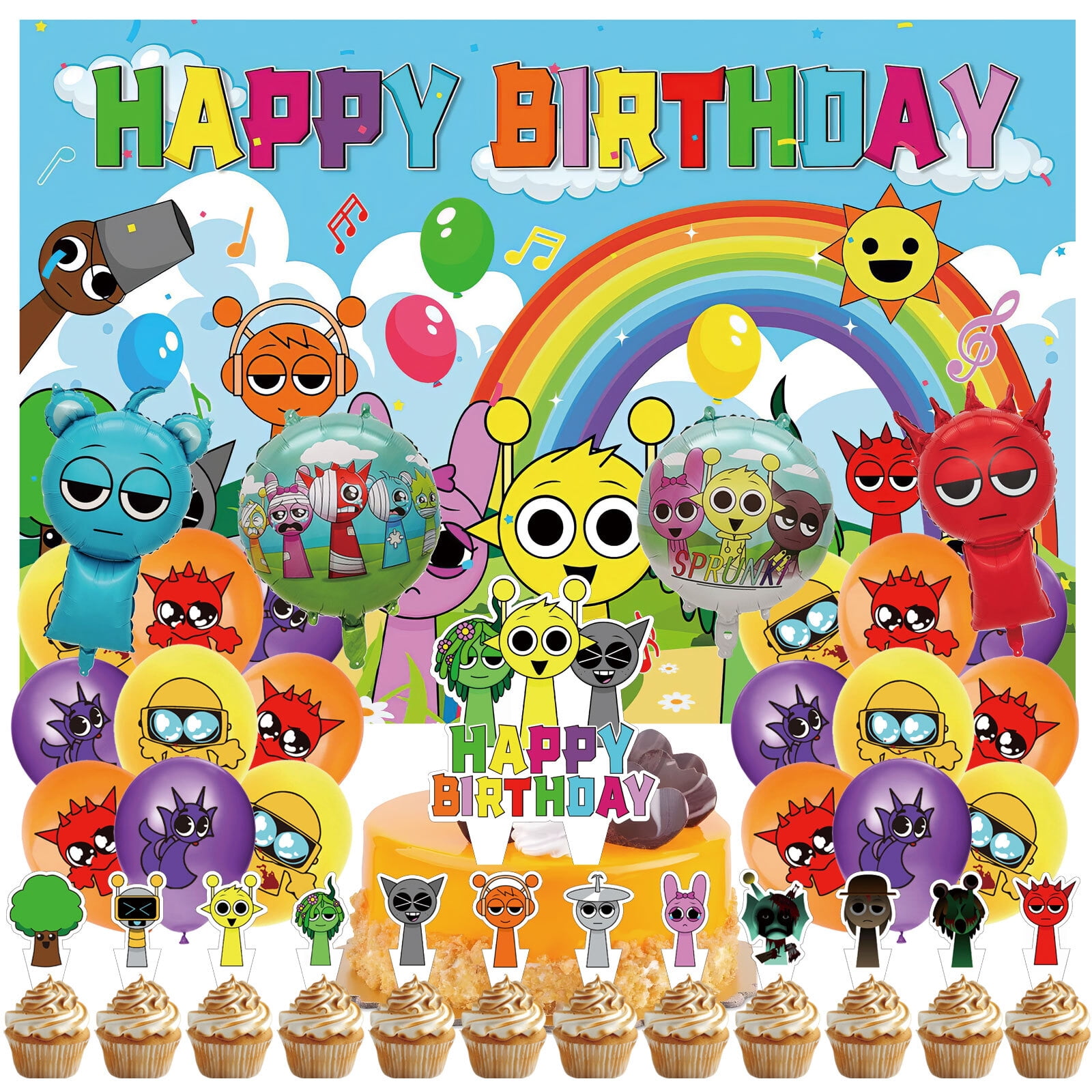 36 Pcs For Sprunki Party Decoration Set – Includes Backdrop, 4 Foil ...