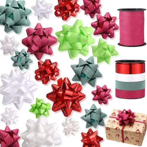 36 Pcs Gift Bows Assortment with 2 Crimped Ribbons, Multi Colored ...