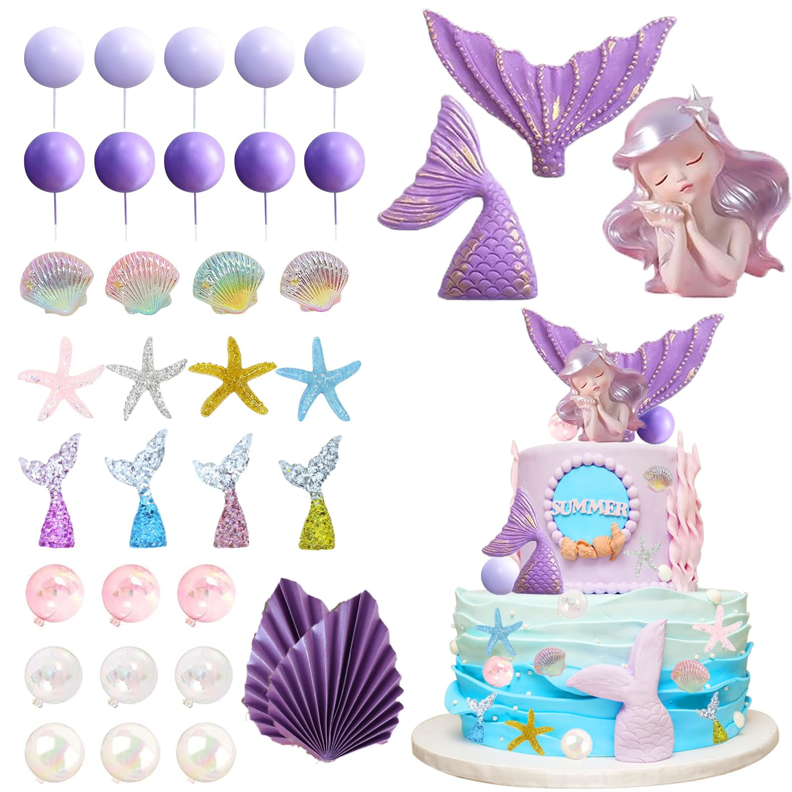 36 Pcs Mermaid PresNok Cake Topper Tail Shells Sea Star Cake ...