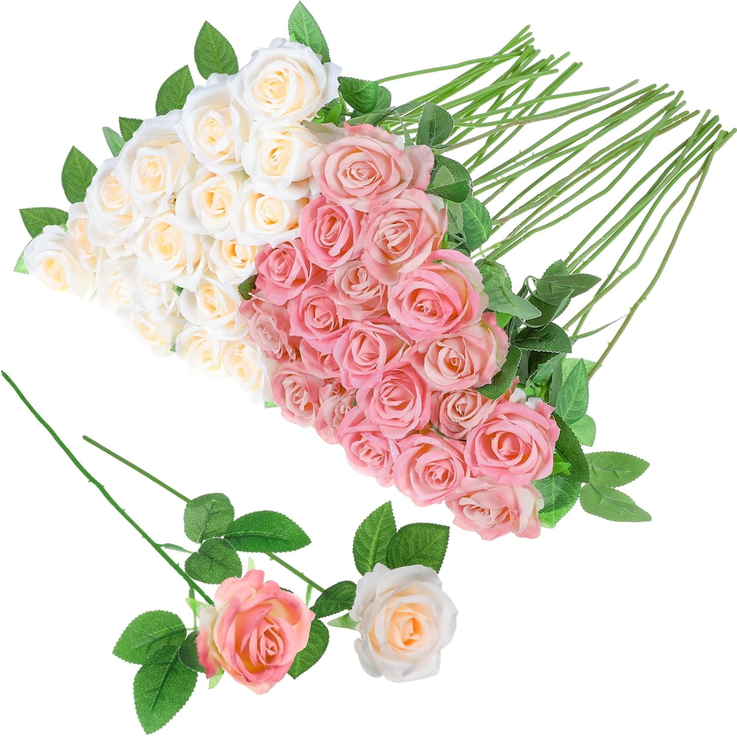 36 Pcs Pink Champagne Rose Artificial Flowers Bulk with Long Stem ...