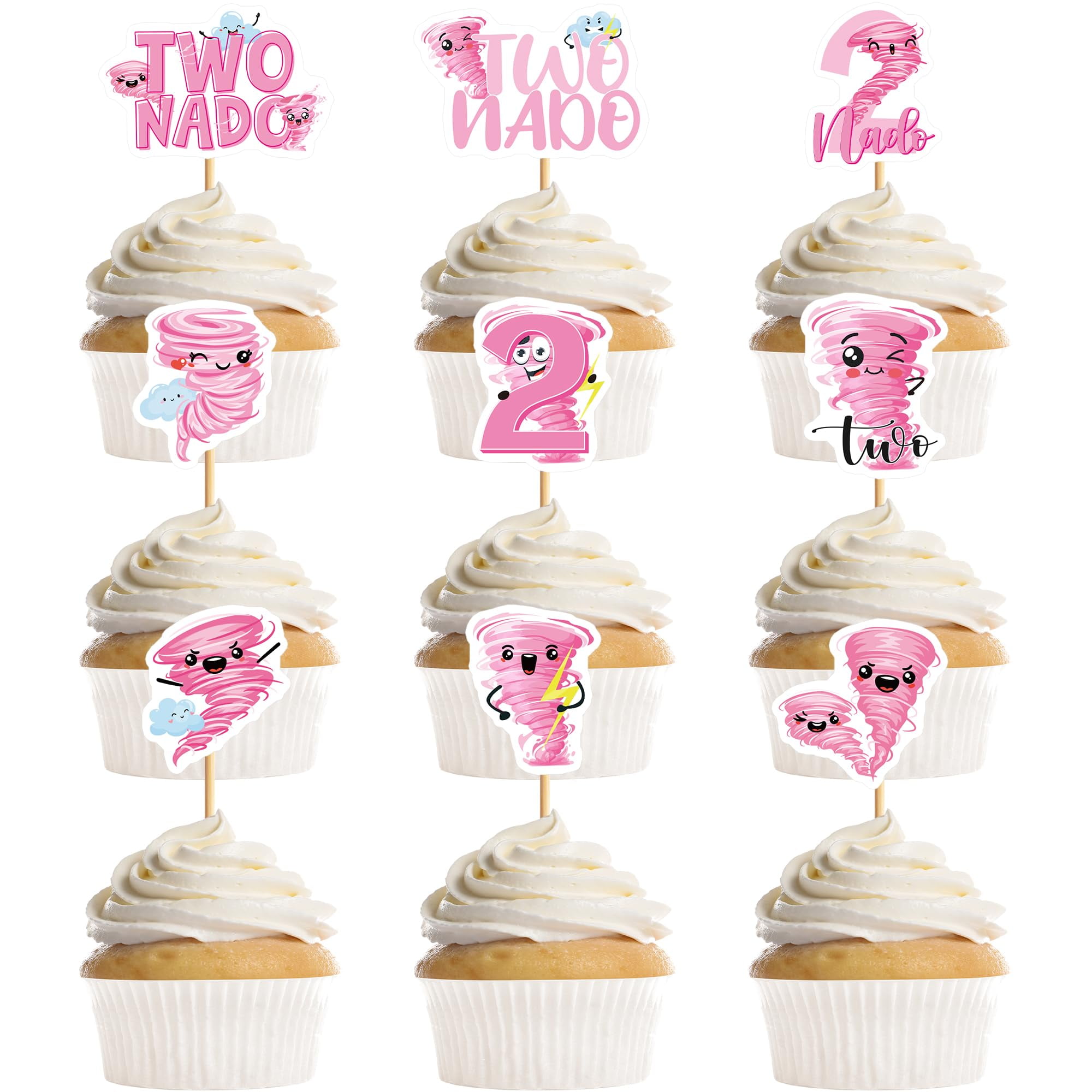 36 Pcs Pink Tornado Cupcake Toppers for 2nd Birthday, Cute Two Nado ...