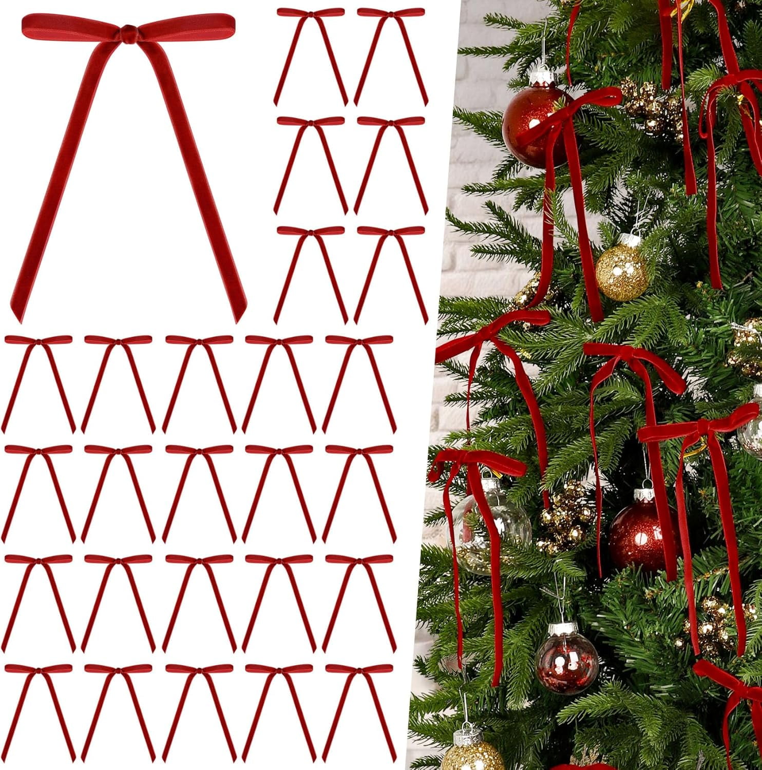 36 Pcs Red Velvet Bows for Christmas Tree Wreath, Rustic Crafts Bows ...