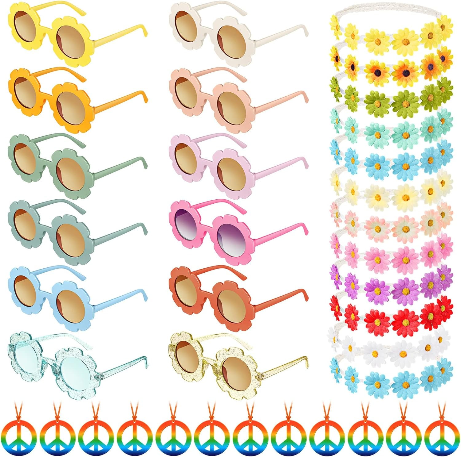 36 Pcs Retro Flower Sunglasses Daisy Flower Headbands Peace Sign Necklace Set, Groovy Party ...
