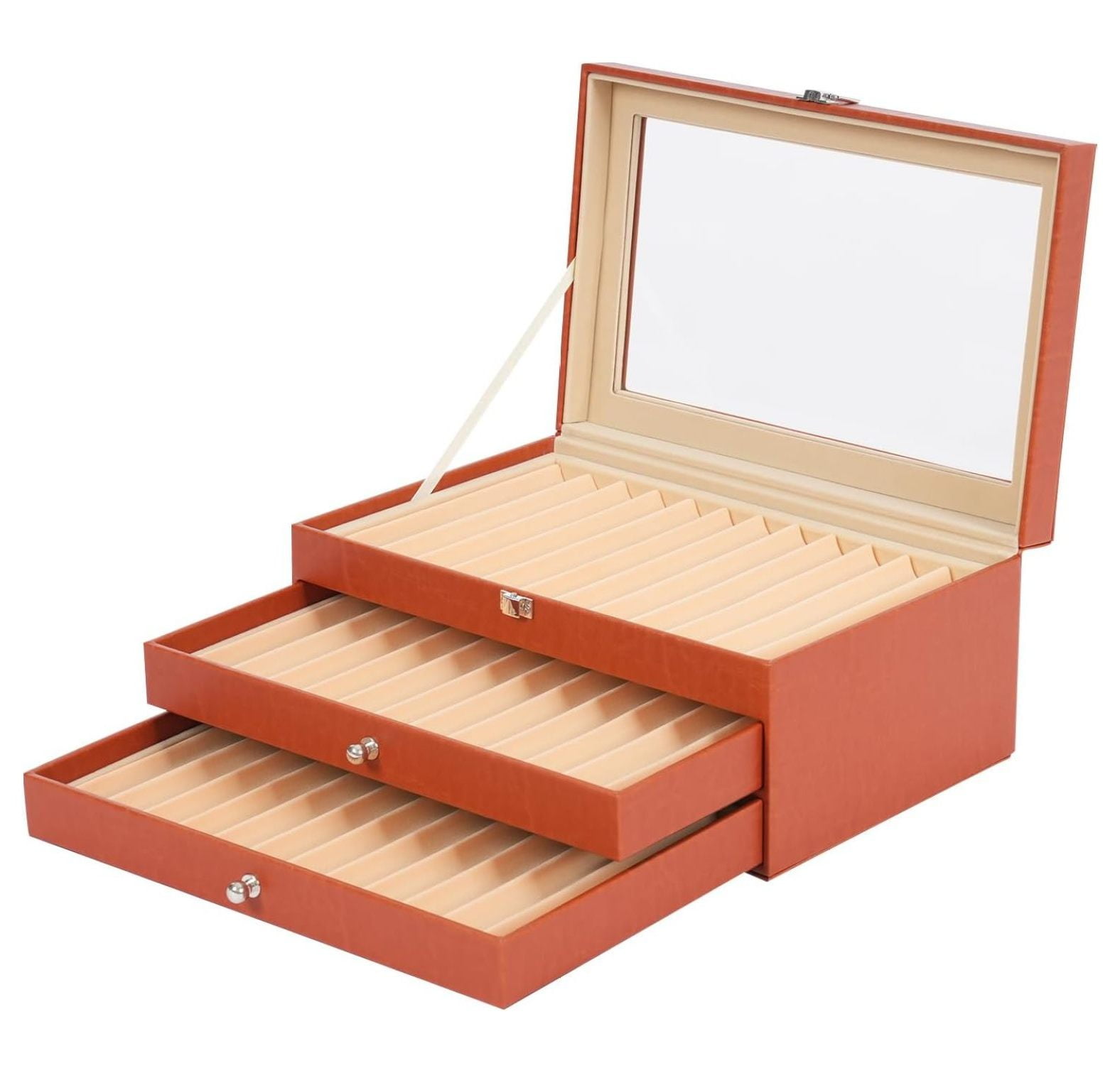 36-Pen Display Case, PU Leather Pen Box Organizer with Drawers & Glass ...