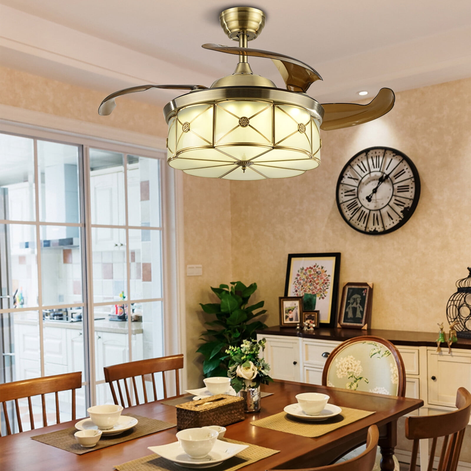 36'' Petal-shape Bronze Color Retractable Led Ceiling Fan Light 3 Speed ...