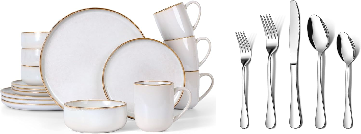 36 Piece Dinnerware Sets with Silverware Set for 4, Stoneware Plates ...