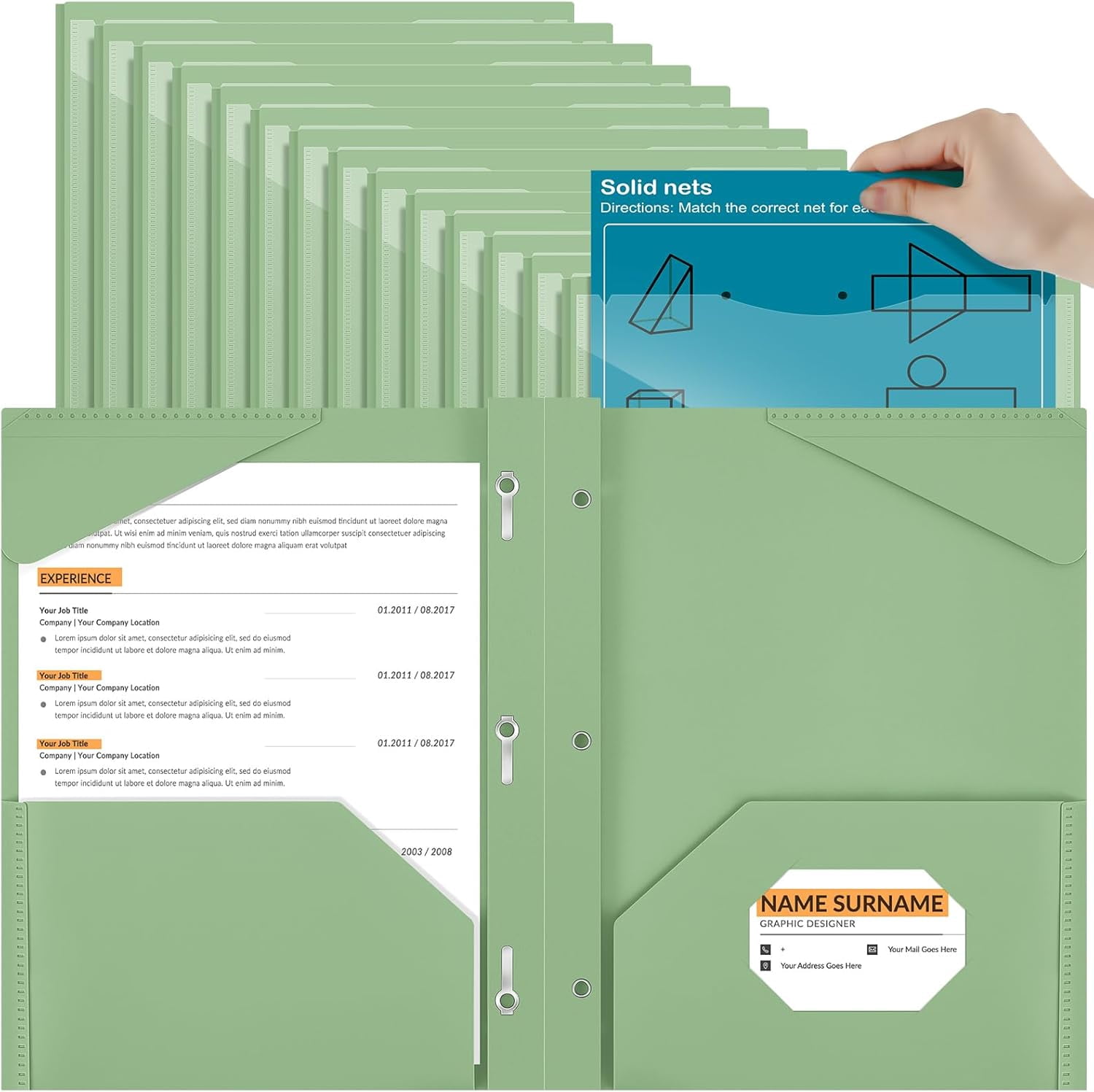36-Piece Sage Green Plastic Folder Set with Clear Front Pocket, 3-Prong ...