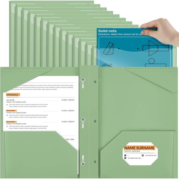 36-Piece Sage Green Plastic Folder Set with Clear Front Pocket, 3-Prong ...