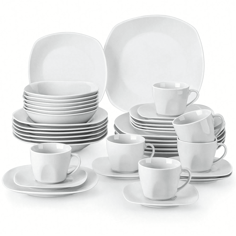 36 Pieces Ceramic Dinnerware Set, Wite Poreclain, Squircle Plate ...