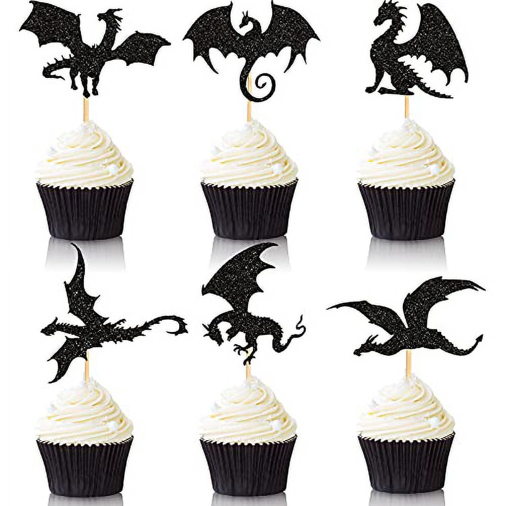 36 Pieces Dragon Cupcake Toppers Black Glitter Cake Picks Cool Dinosaur ...