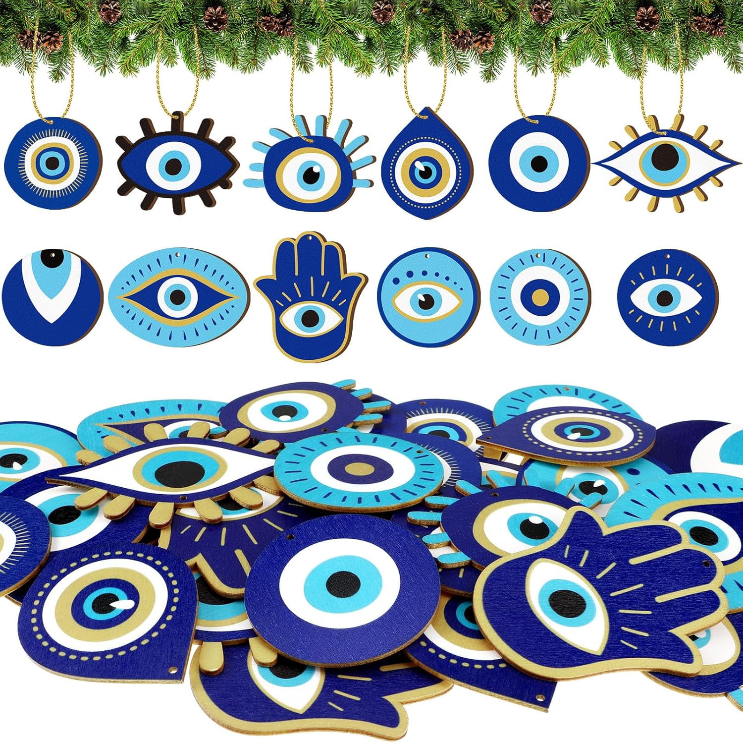 36 Pieces Evil Eye Ornaments for Christmas Tree Wooden Evil Eye Hanging ...