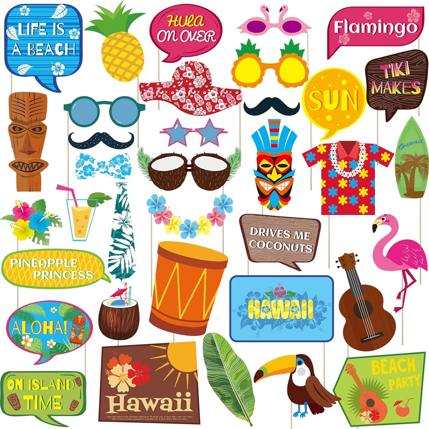 36 Pieces Luau Party Supplies Hawaiian Luau Photo Booth Props Aloha ...