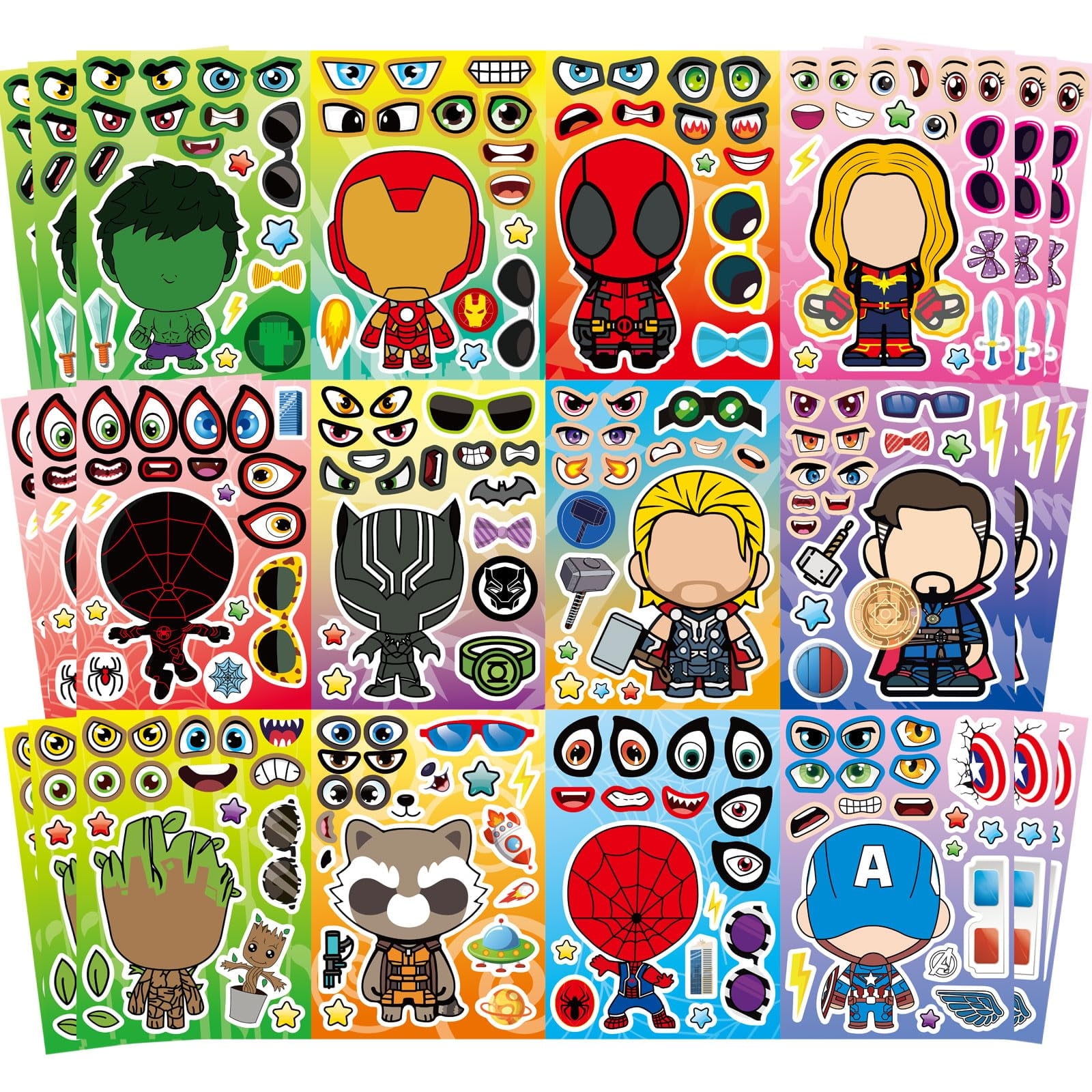 36 Pieces Make-a-face Stickers Pack, Mixed & Matched with 12 Heroes ...