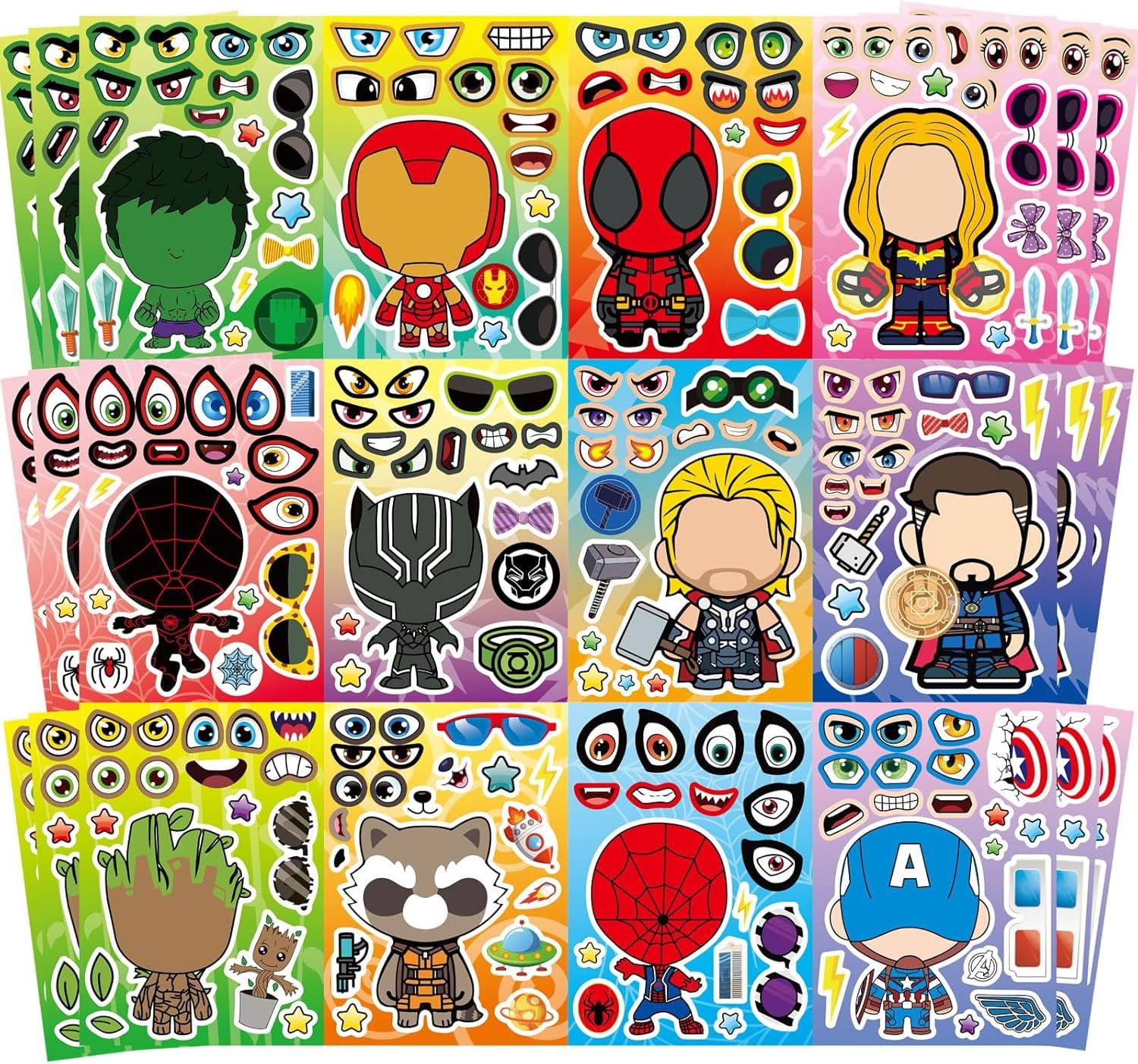 36 Pieces Make-a-face Stickers Pack, Mixed & Matched with 9 Heroes ...