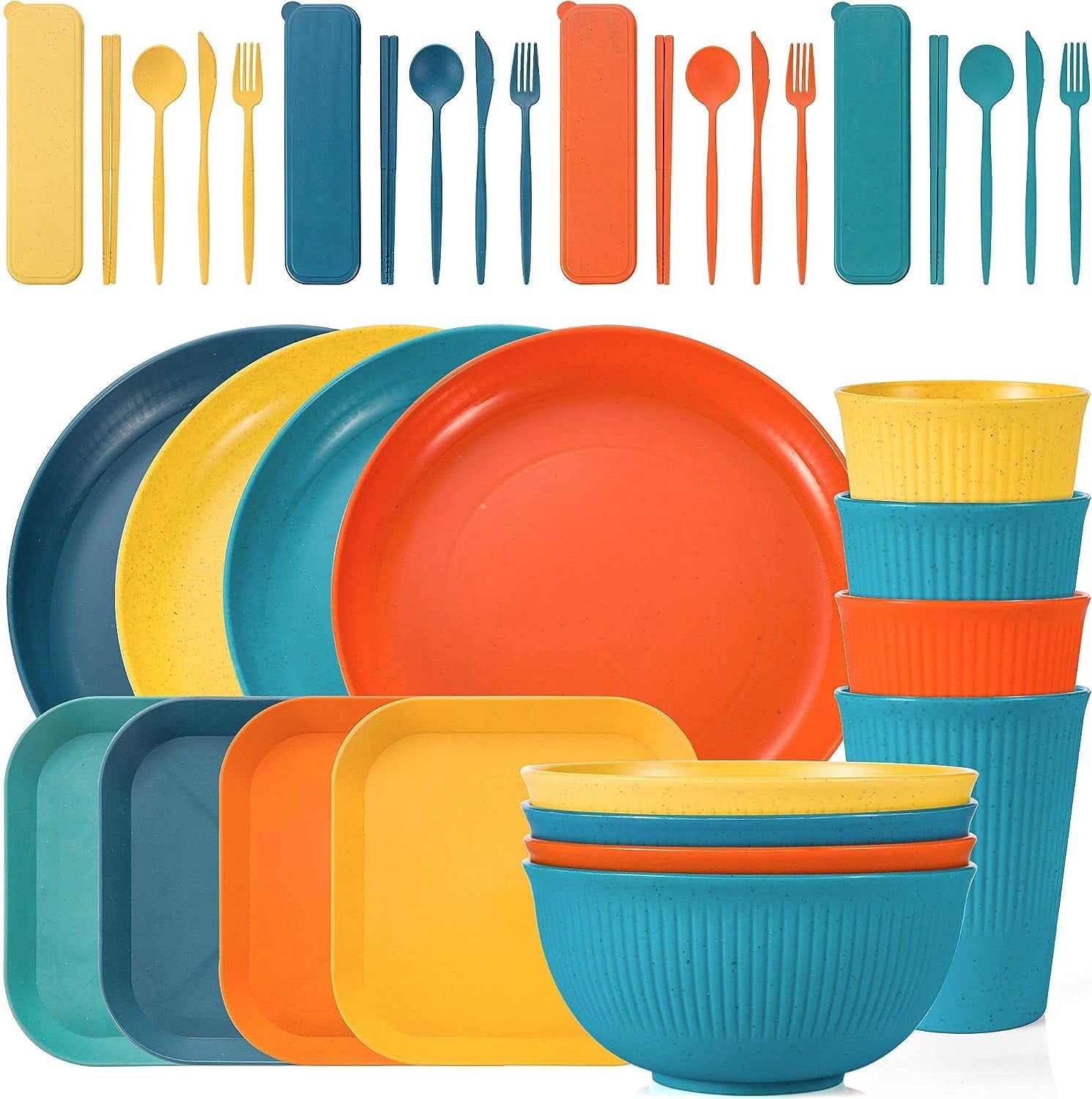 36 Pieces Wheat Straw Dinnerware Set Unbreakable Plastic Plate and Bowl ...
