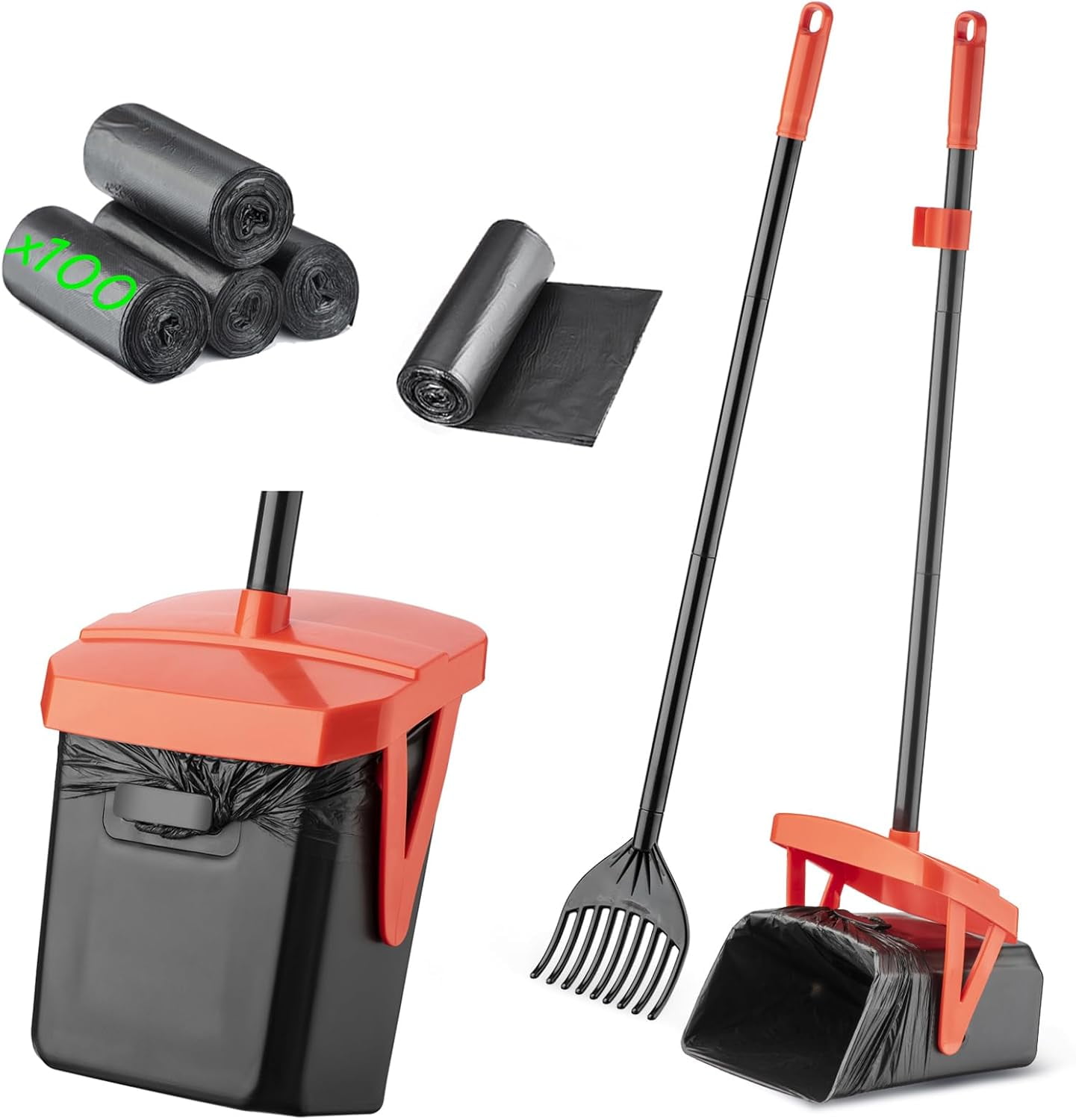 36" Pooper Scooper Swivel Bin & Rake with 100 Dog Poop Bags,Adjustable ...