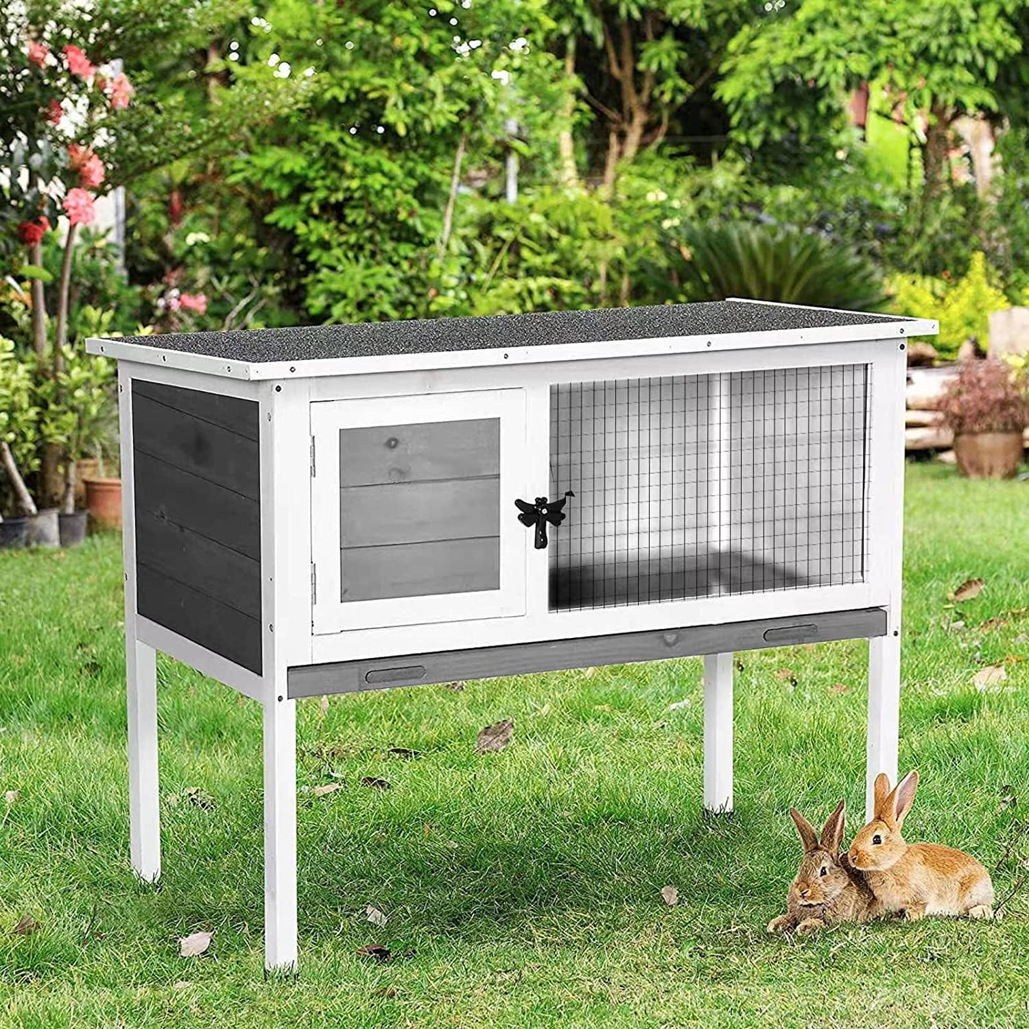 36" Rabbit Hutch, Wooden Bunny Cages Indoor with Deeper Leakproof Tray ...