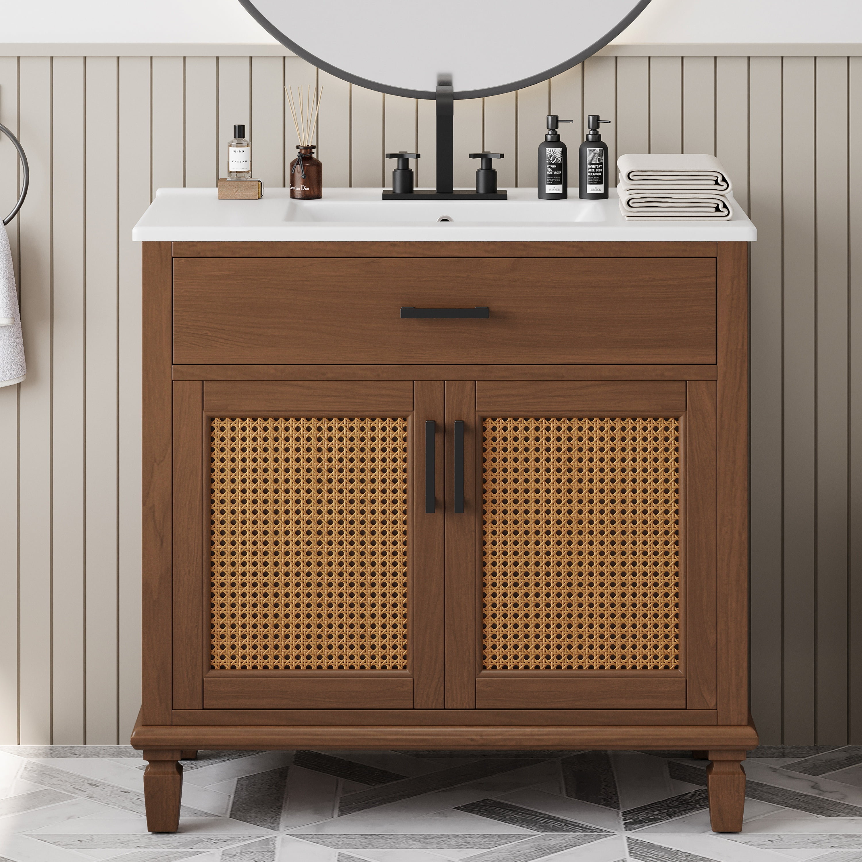 36" Rattan Bathroom Vanity with Ceramic Sink, Modern Bathroom Sink ...