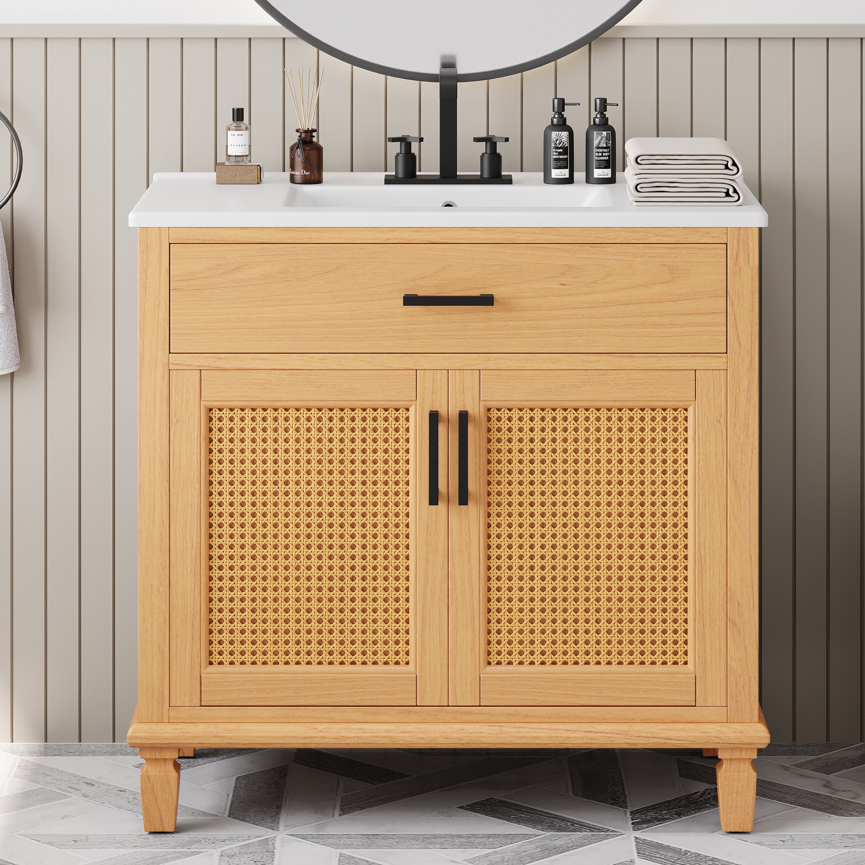 36" Rattan Bathroom Vanity with Ceramic Sink, Modern Bathroom Sink ...