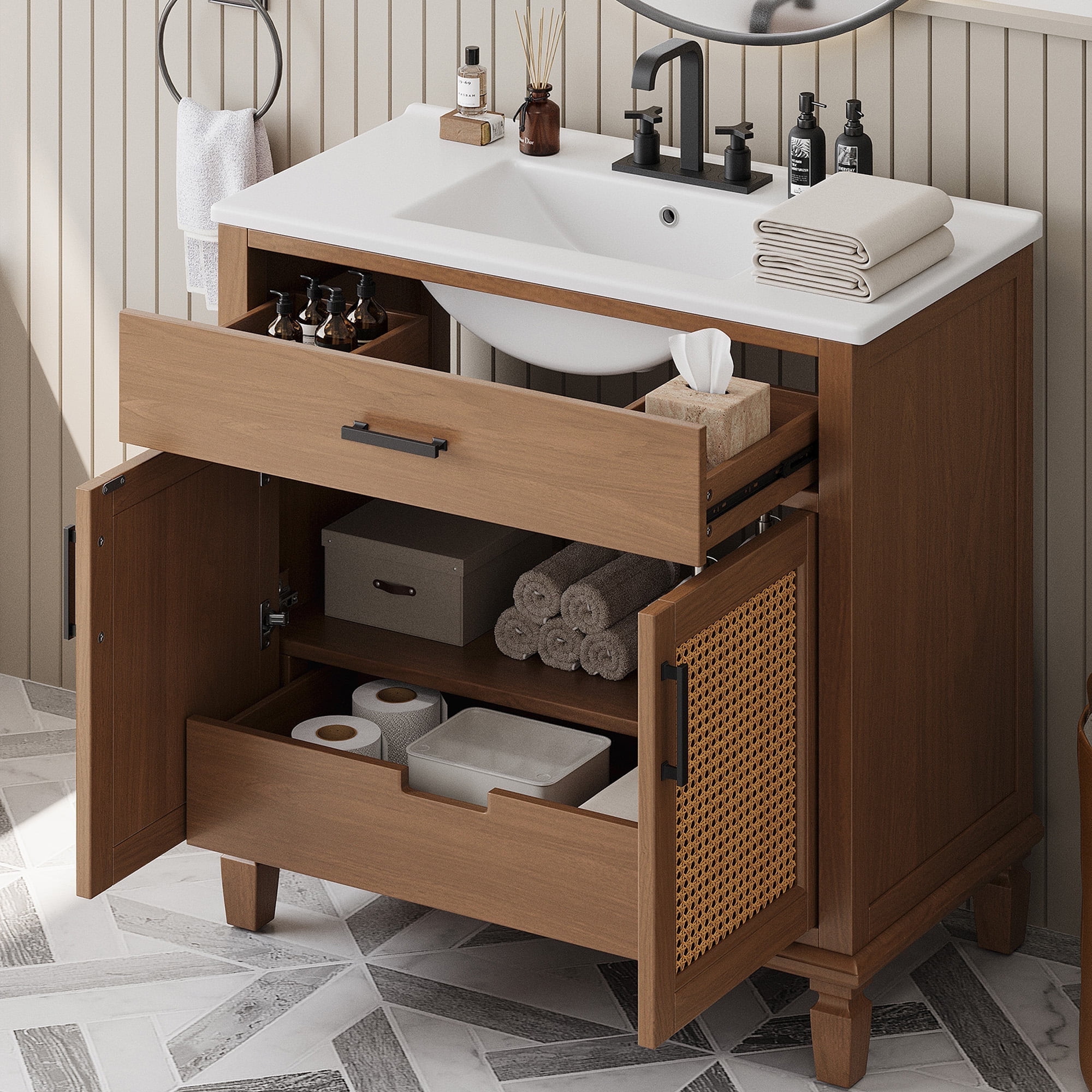 ENSHUI 36 Inch Rattan Bathroom Vanity with Ceramic Sink, Soft Close ...