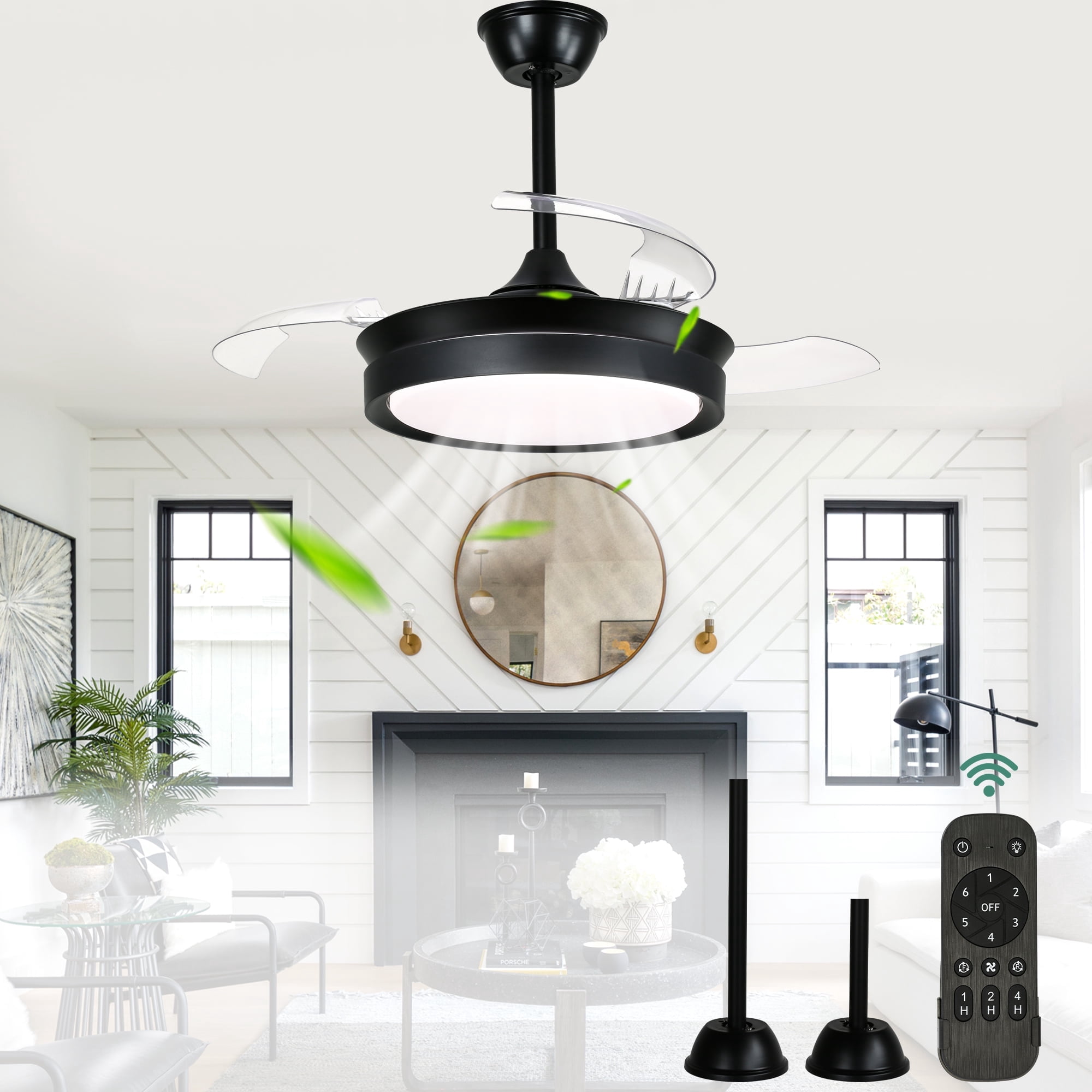 Cusp Barn 36" Modern Black Retractable Ceiling Fan with Lights and ...