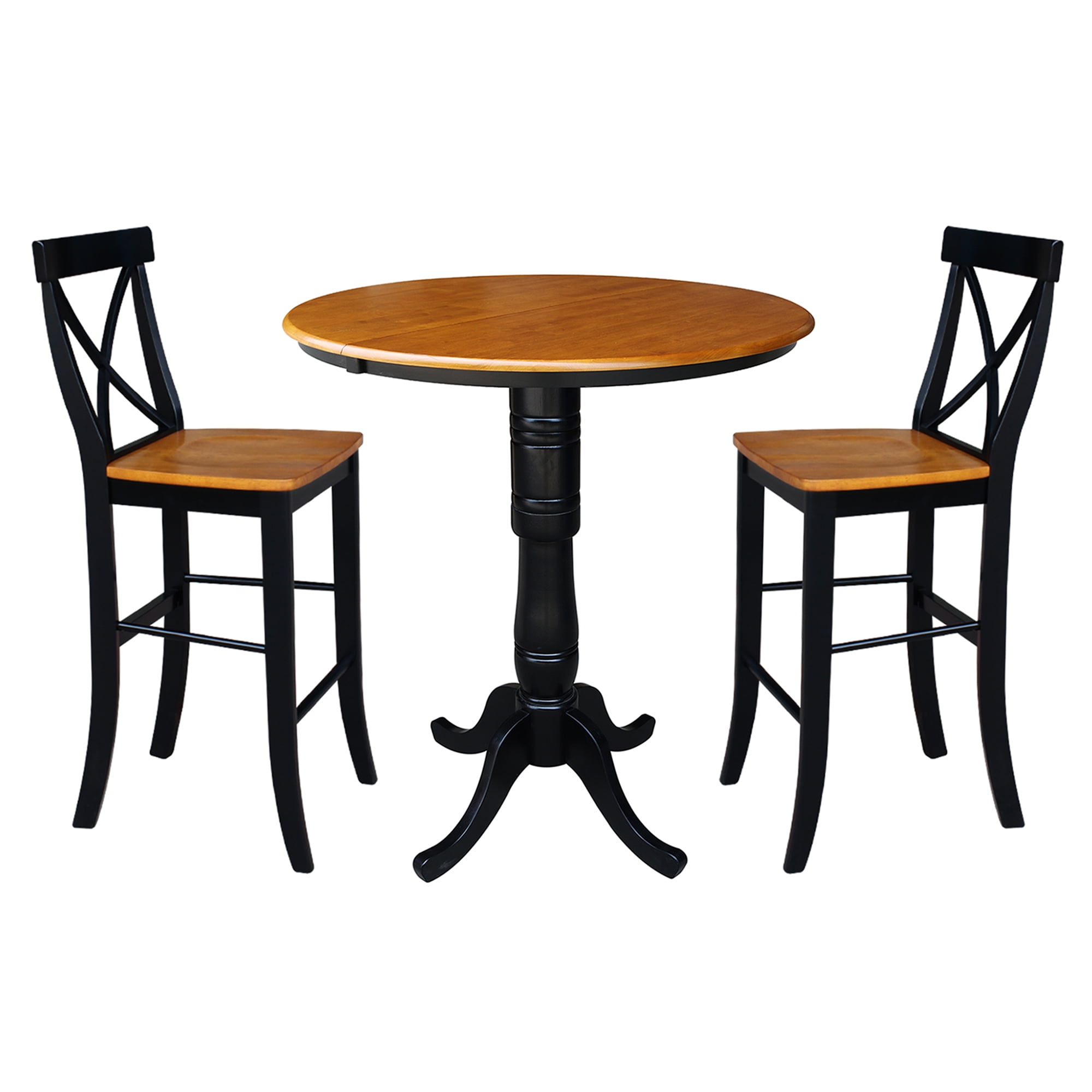 36" Round Bar Height Table with 12" Leaf and 2 X-back Stools - Black ...
