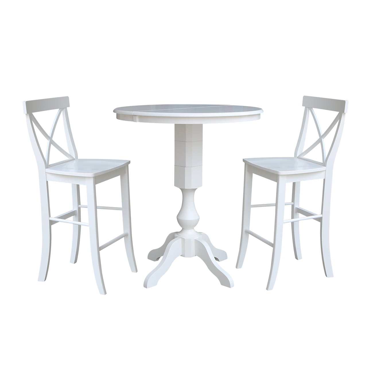 36" Round Bar Height Table with 12" Leaf and 2 X-back Stools – White ...