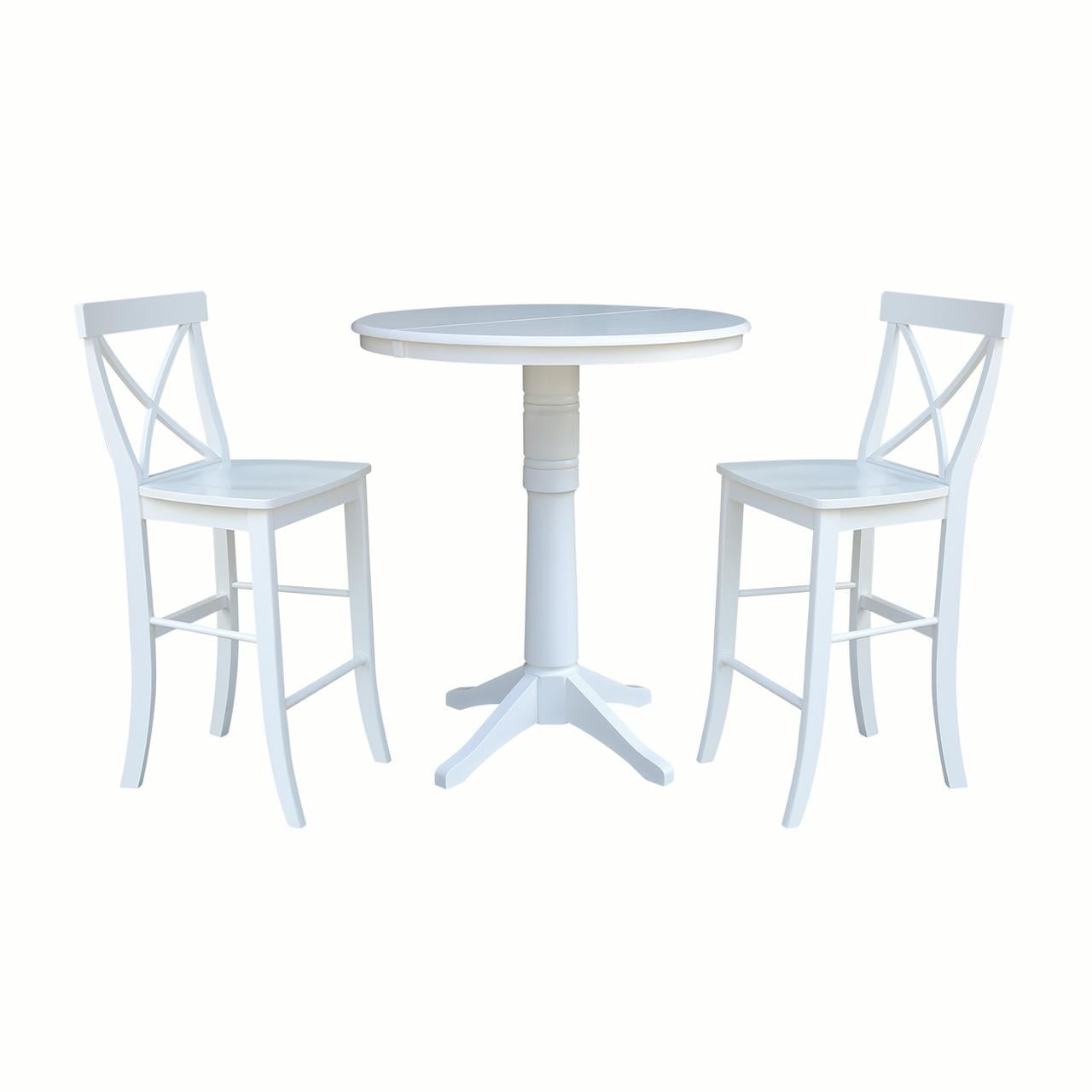 36" Round Bar Height Table with 12" Leaf and 2 X-back Stools – White ...
