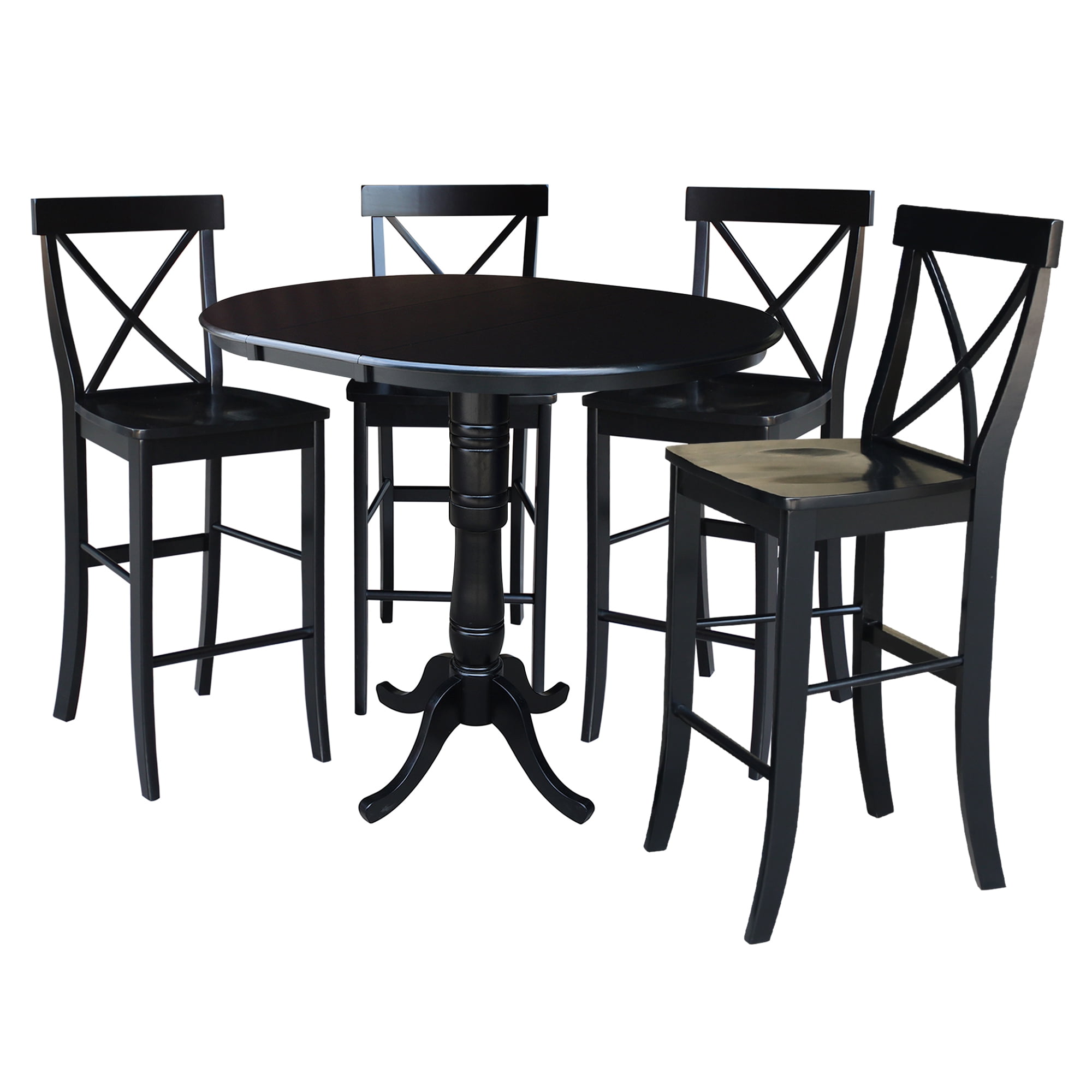 36" Round Bar Height Table with 12" Leaf and 4 X-back Stools - Black ...
