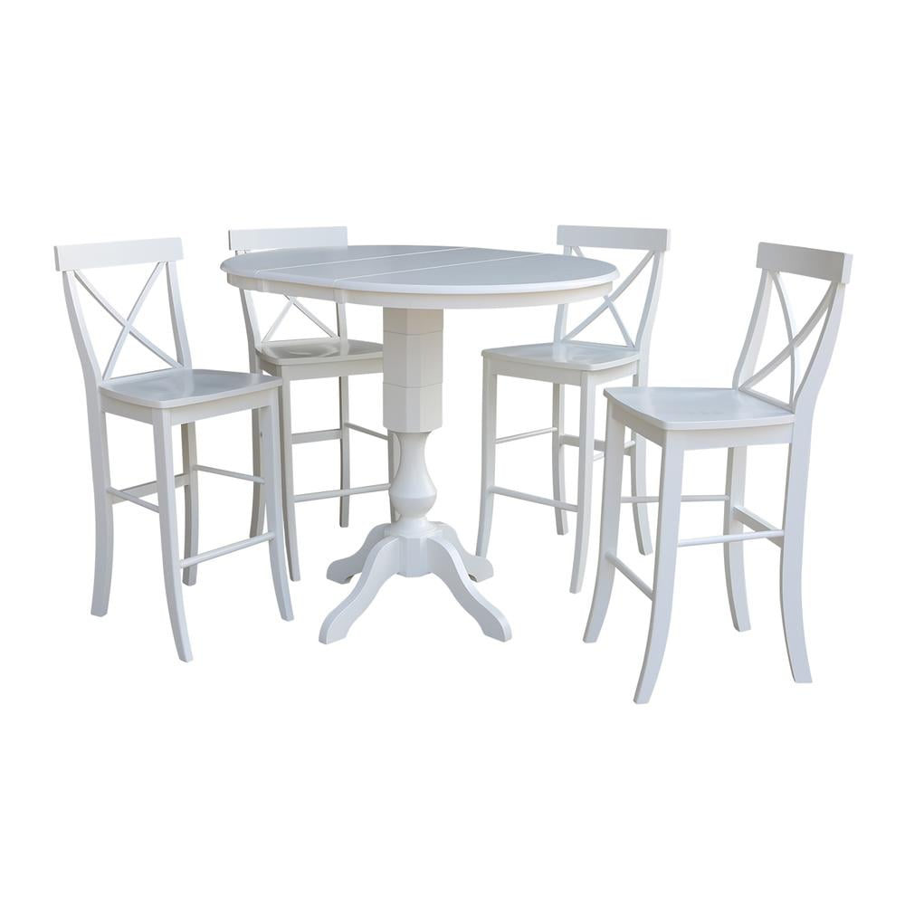 36" Round Bar Height Table with 12" Leaf and 4 X-back Stools – White ...