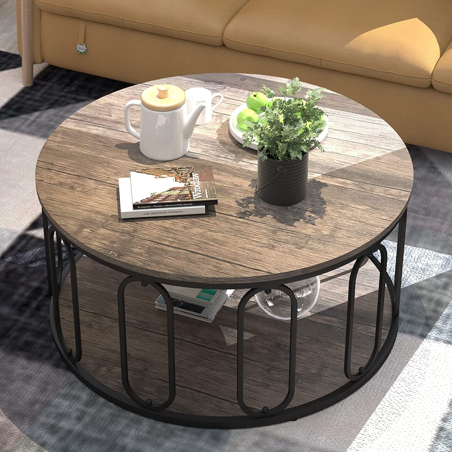 36" Round Coffee Table,Farmhouse coffee table with Rustic Wood Surface ...