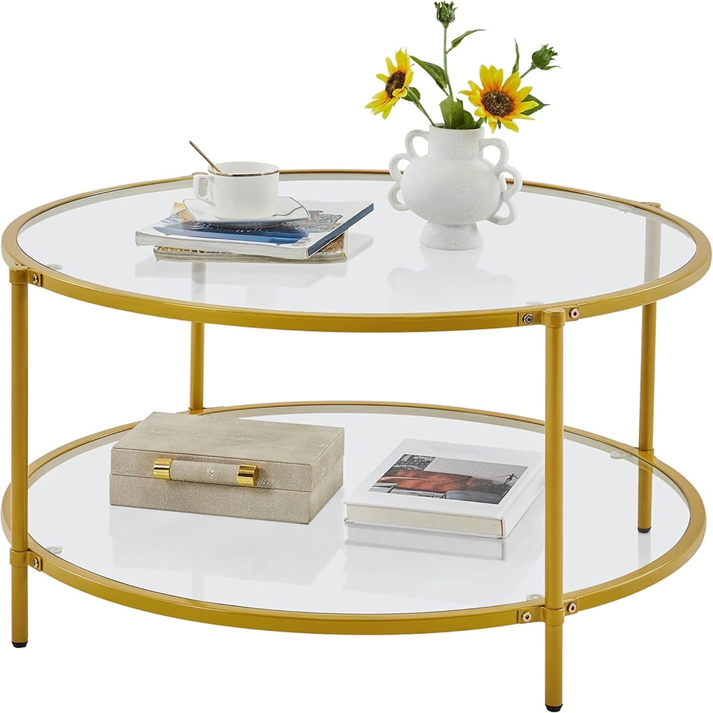 36" Round Coffee Table, Glass Coffee Table, 2 Tier Gold Coffee Table ...
