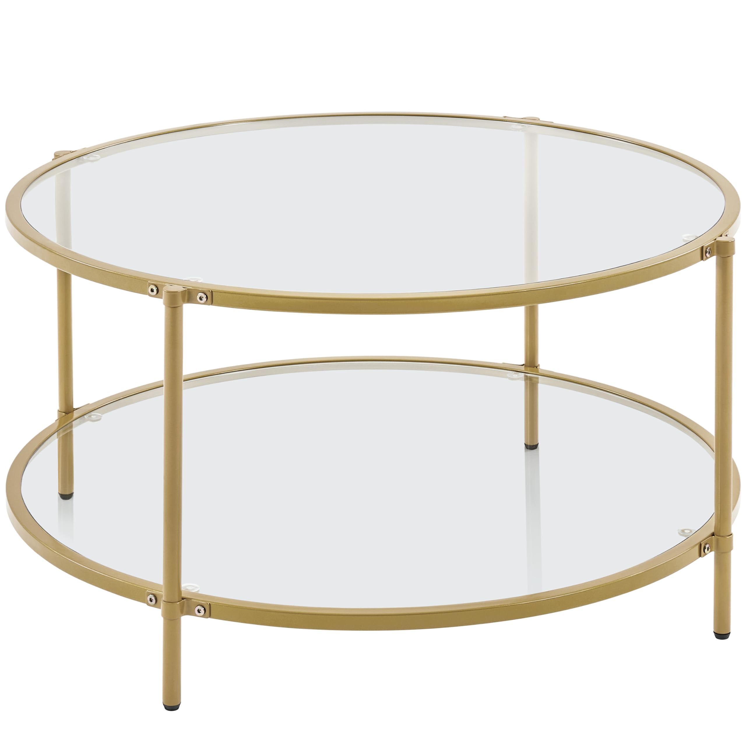 36" Round Coffee Table, Glass Coffee Table with Storage Shelf, 2 Tier ...