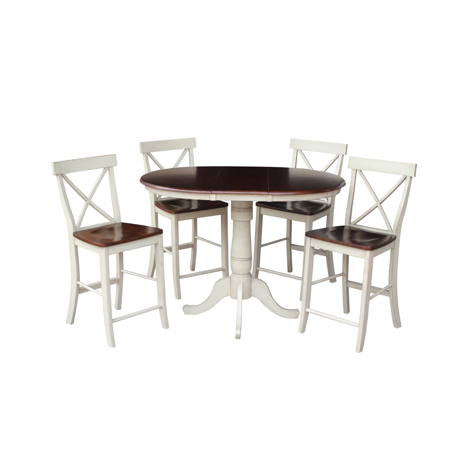 36" Round Counter Height Table with 4 X-back Stools in Antiqued Almond ...